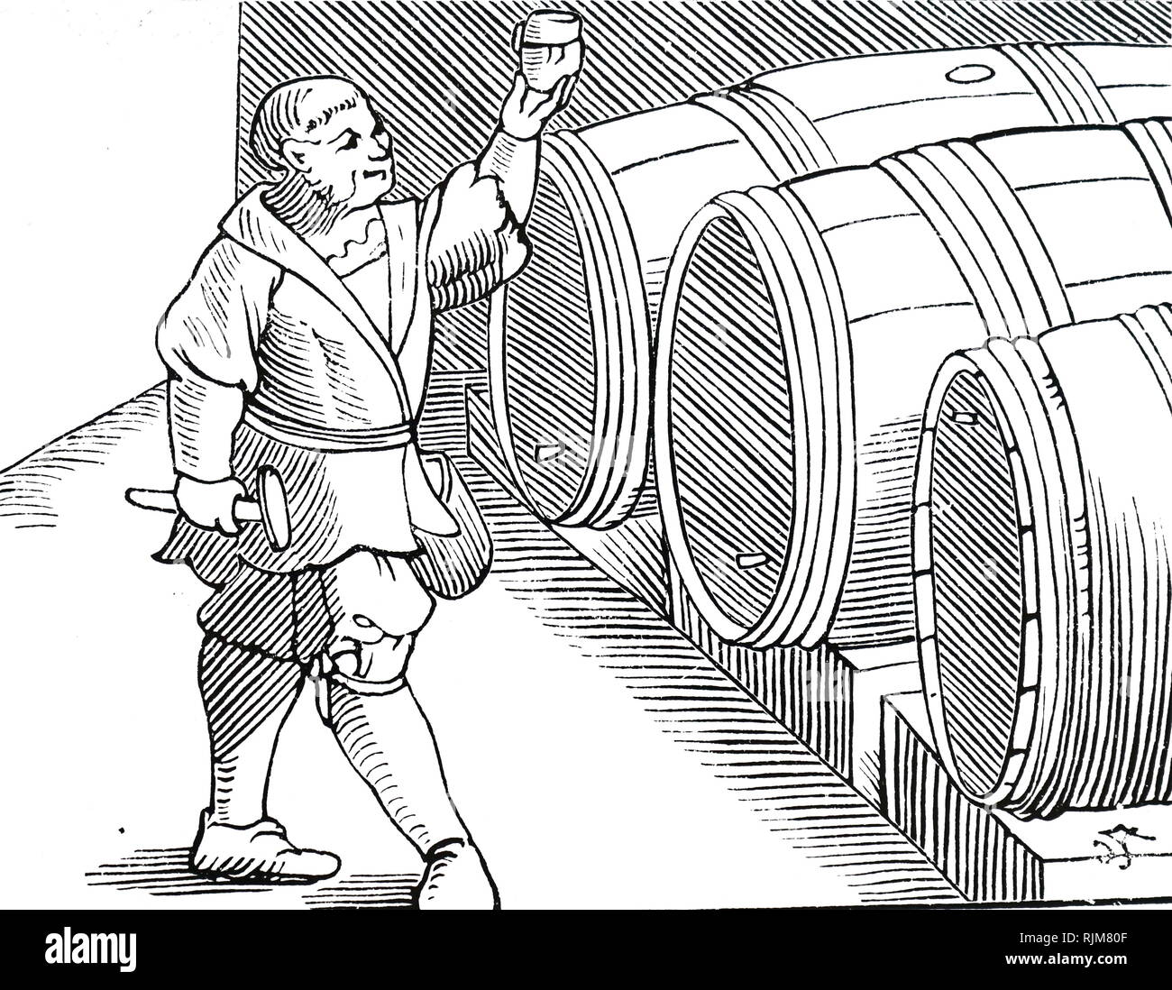 A woodcut engraving depicting a Butler going about his duties in the ...