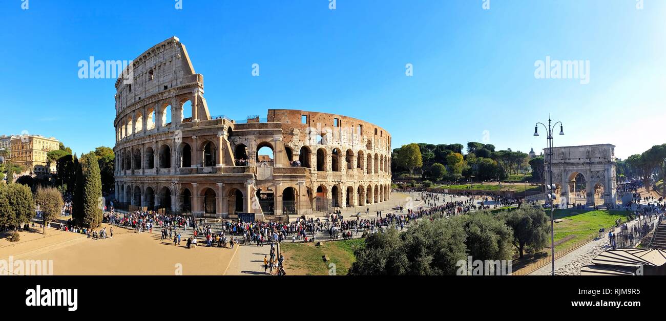 Rome, Italy panorama overlooking the ancient Coliseum and the Arch of ...