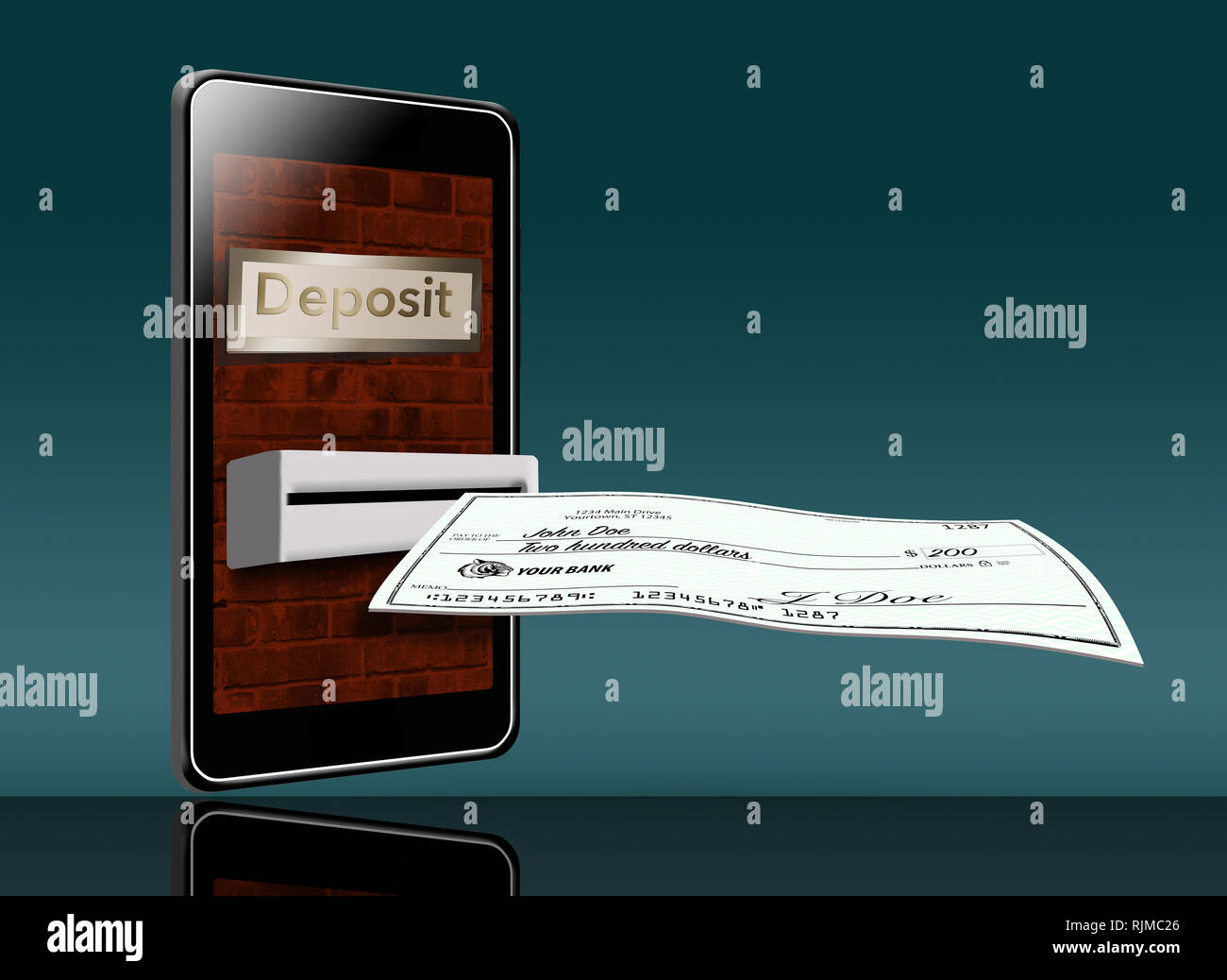 A mobile cell phone is being used to deposit a check into the bank in ...