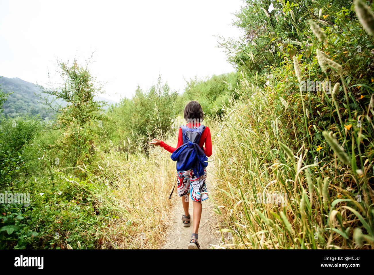 Young boy hiking on a trail Stock Photo - Alamy