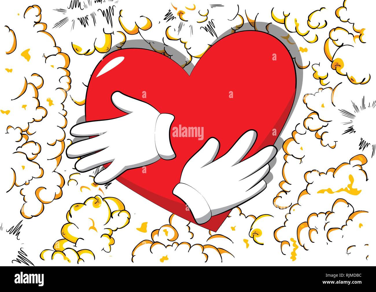 Vector cartoon hand hugging red heart. Illustrated sign on comic book ...