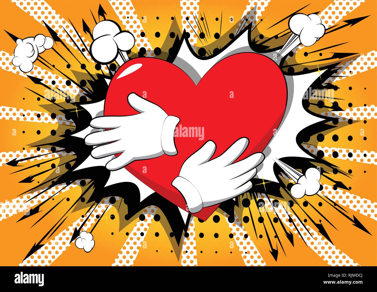 Vector cartoon hand hugging red heart. Illustrated sign on comic book ...