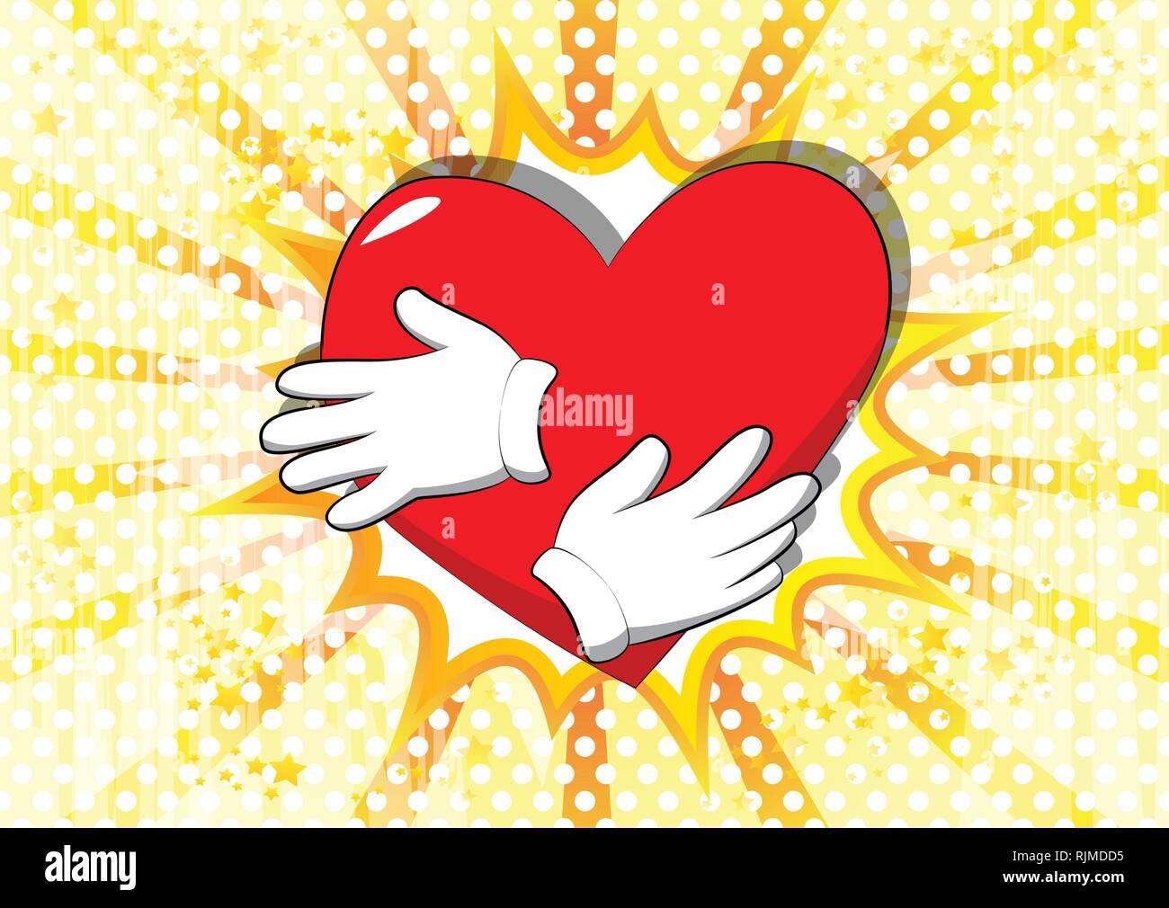 Vector cartoon hand hugging red heart. Illustrated sign on comic book ...