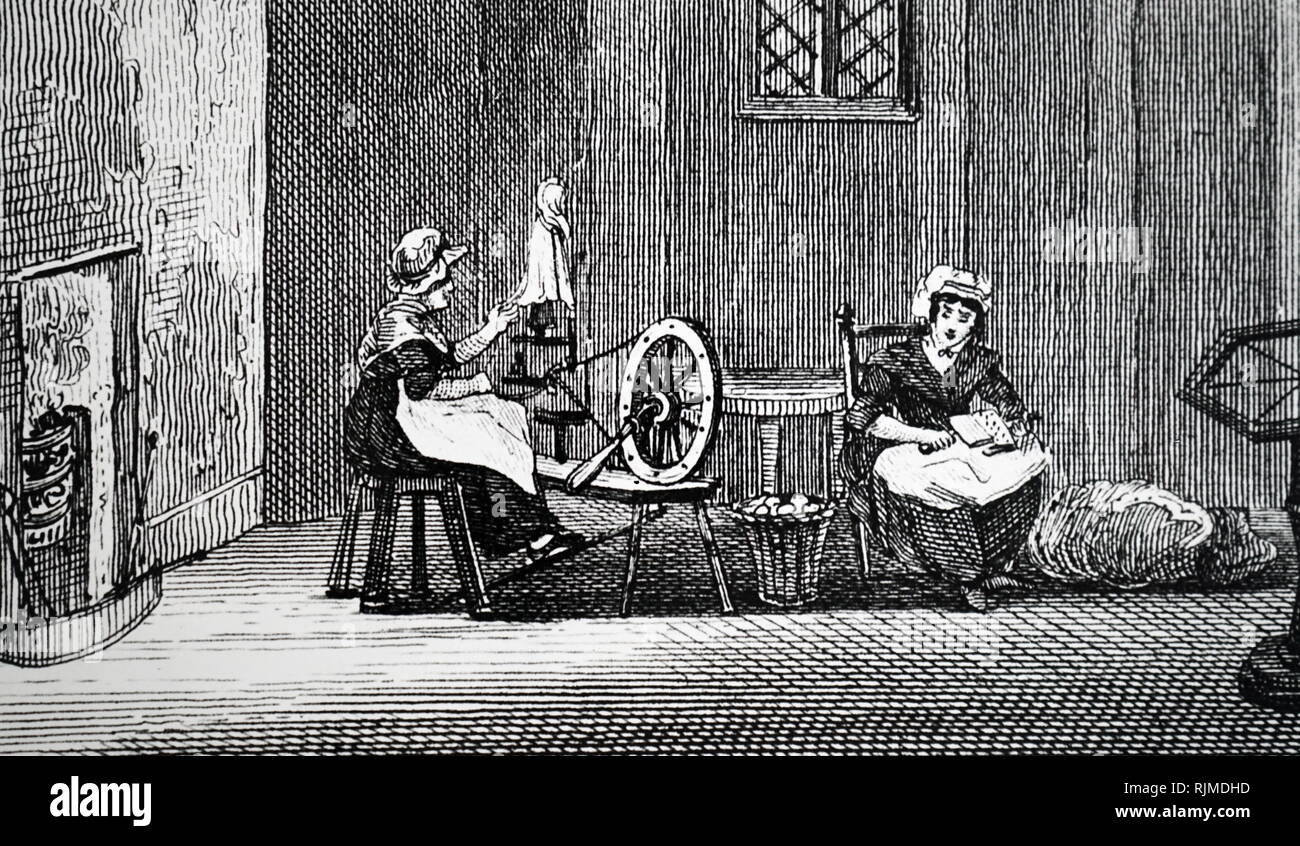 Illustration showing Women of Snaith spinning and carding flax. From ...