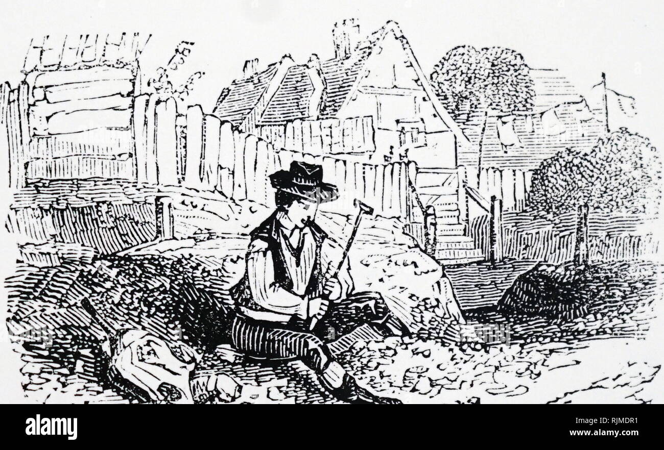 Illustration showing breaking stones for roads (ca 1840 Stock Photo - Alamy