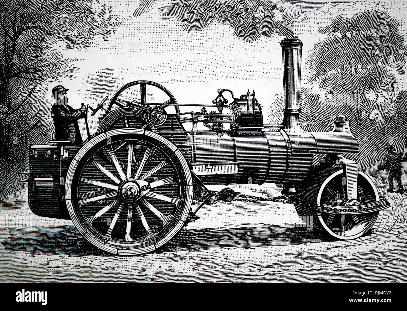 Illustration showing Steam road roller and traction engine. The front ...
