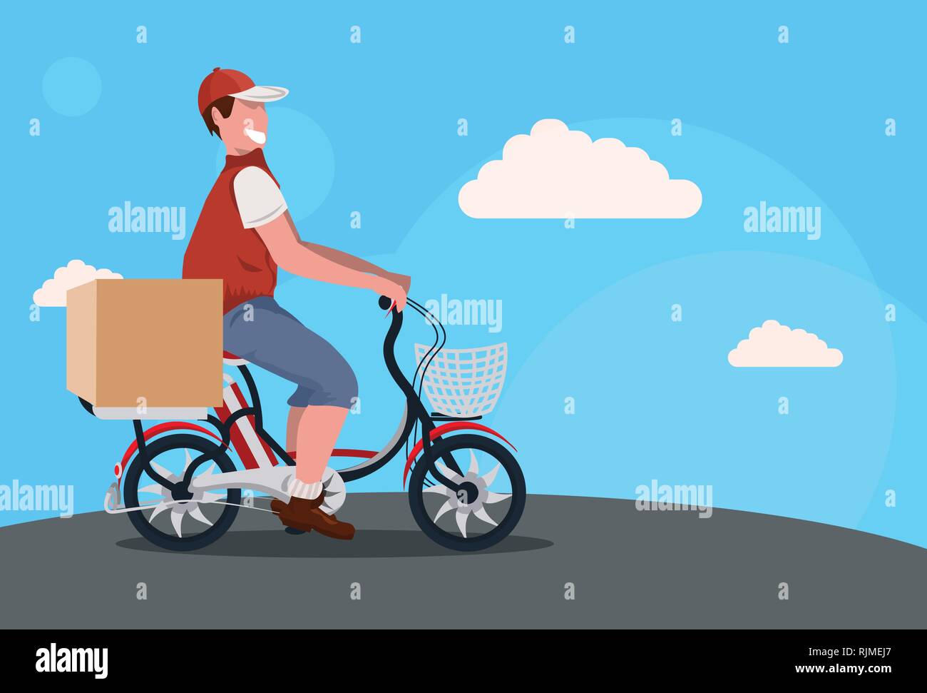 man deliver cycling bicycle carrying parcel box express delivery ...
