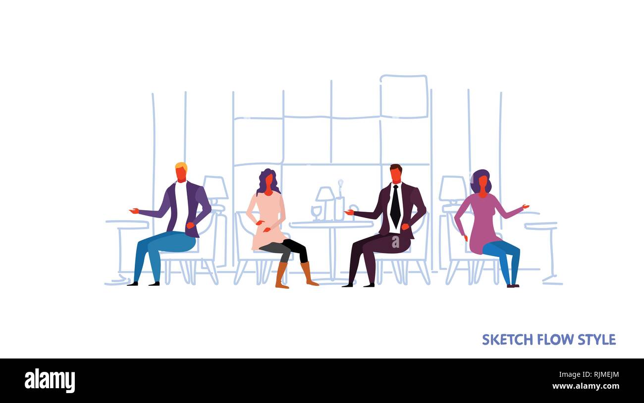 business people cafeteria visitors sitting at cafe table men women ...