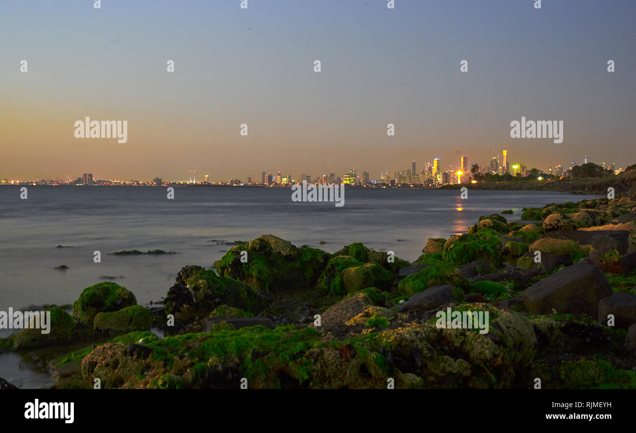 Melbourne skyline during blue hour at night time, view from St.Kilda ...