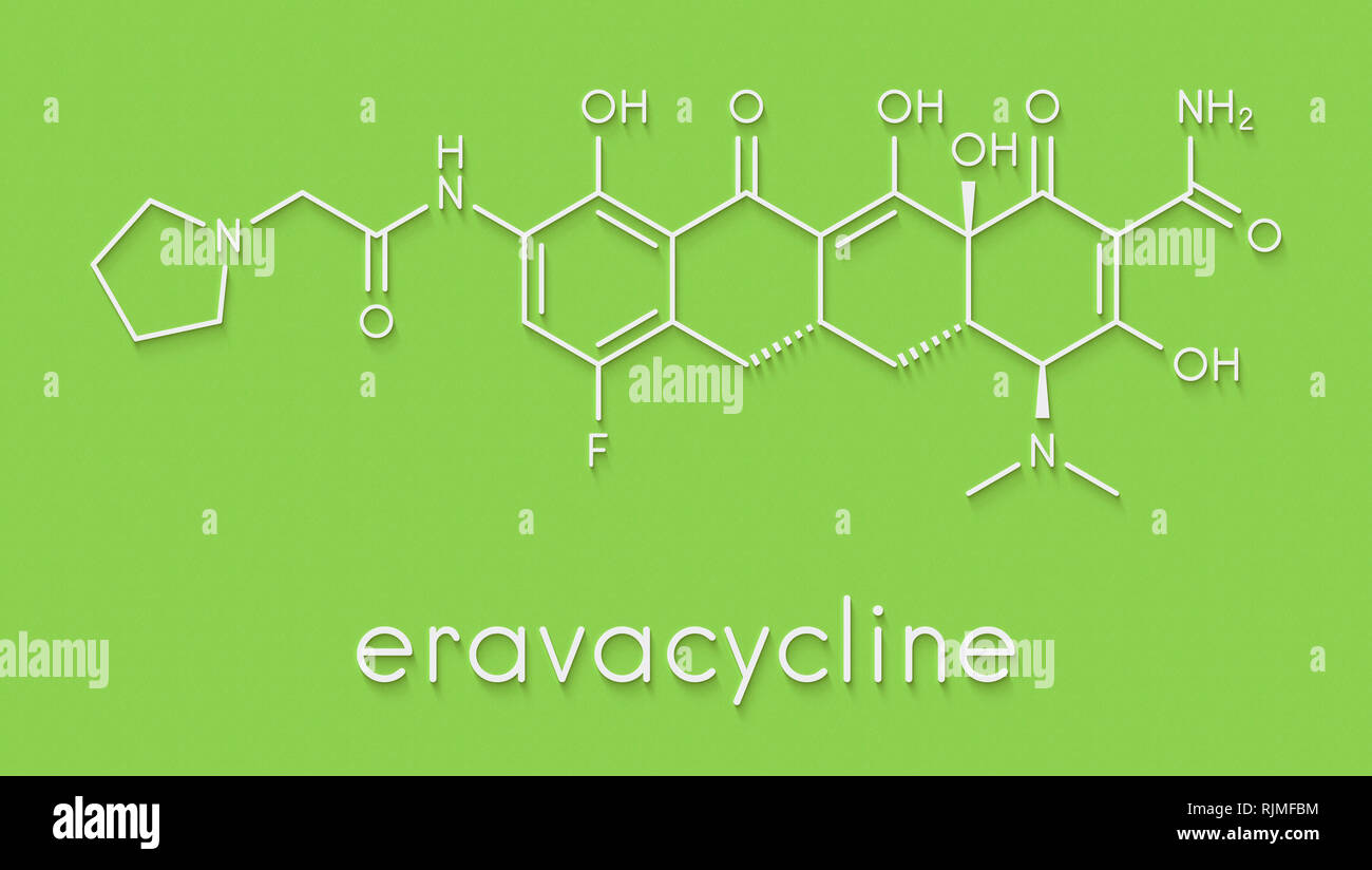 Eravacycline antibiotic drug molecule (tetracycline class). Skeletal ...