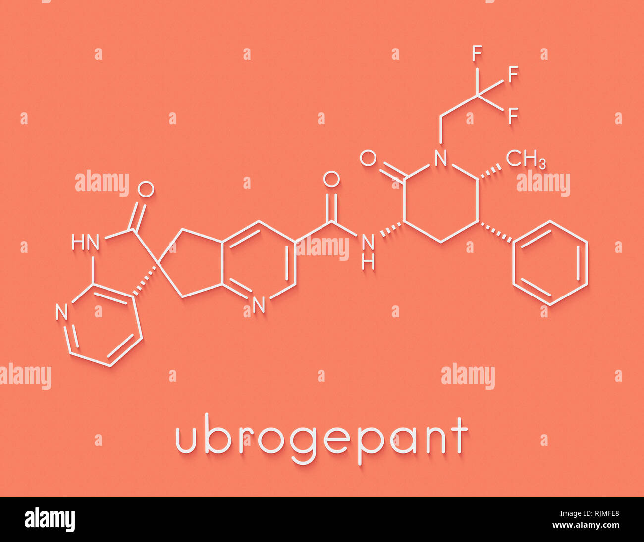 Ubrogepant migraine drug molecule (CGRP receptor antagonist). Skeletal ...