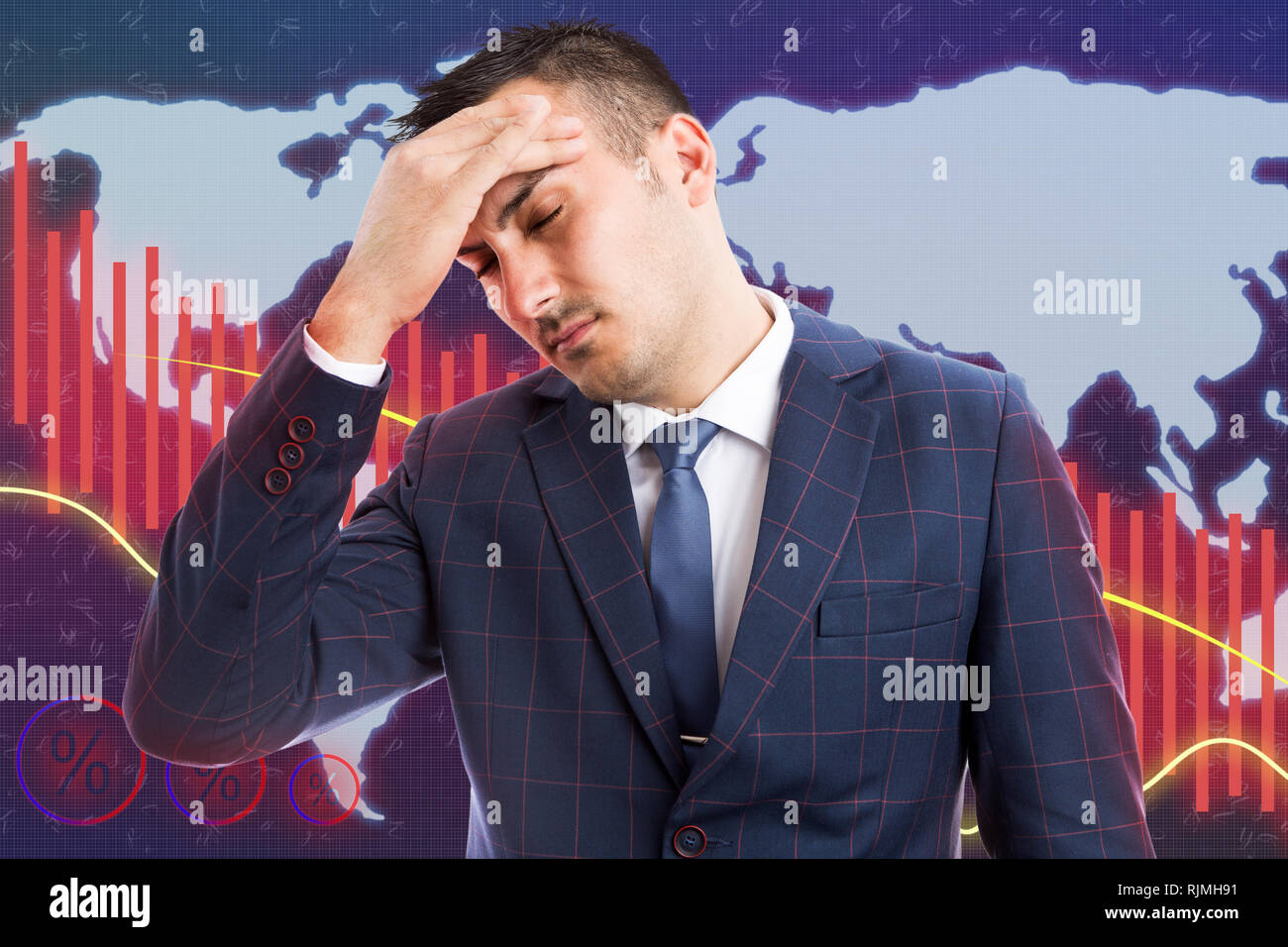 Male broker with headache caused by stress as economic decline concept ...