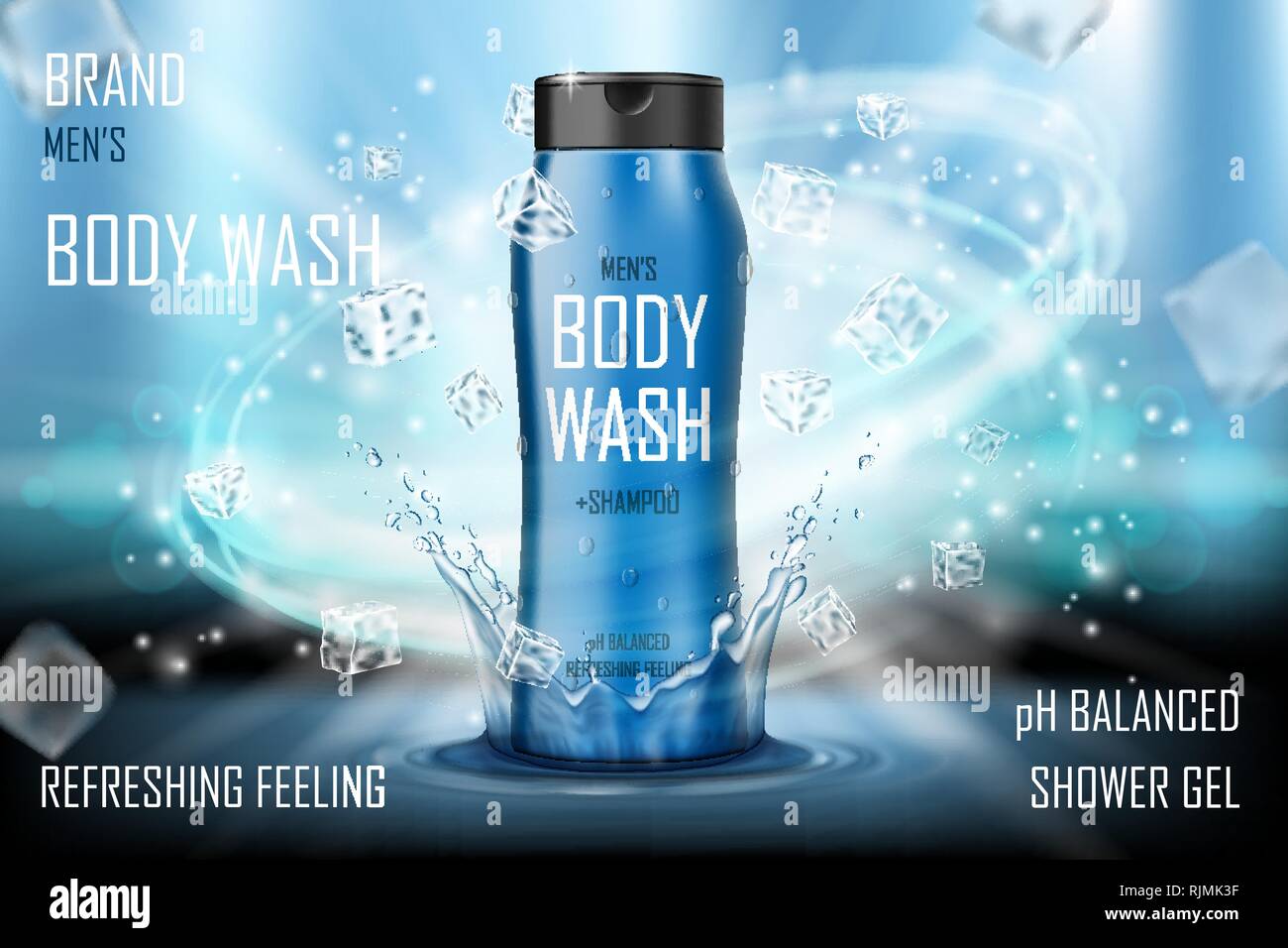 Cooling men s body wash gel with splashing water and ice cubes elements ...
