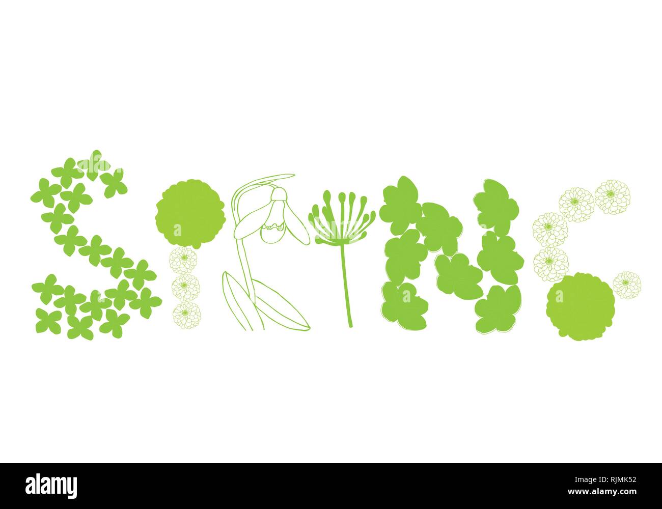 Hand drawn flower spring vector card template in green and white colors ...