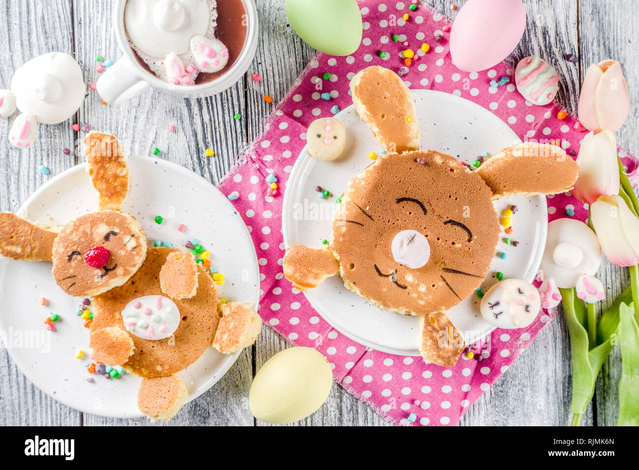 Funny easter breakfast food, kids pancake in form of bunny rabbit, with ...