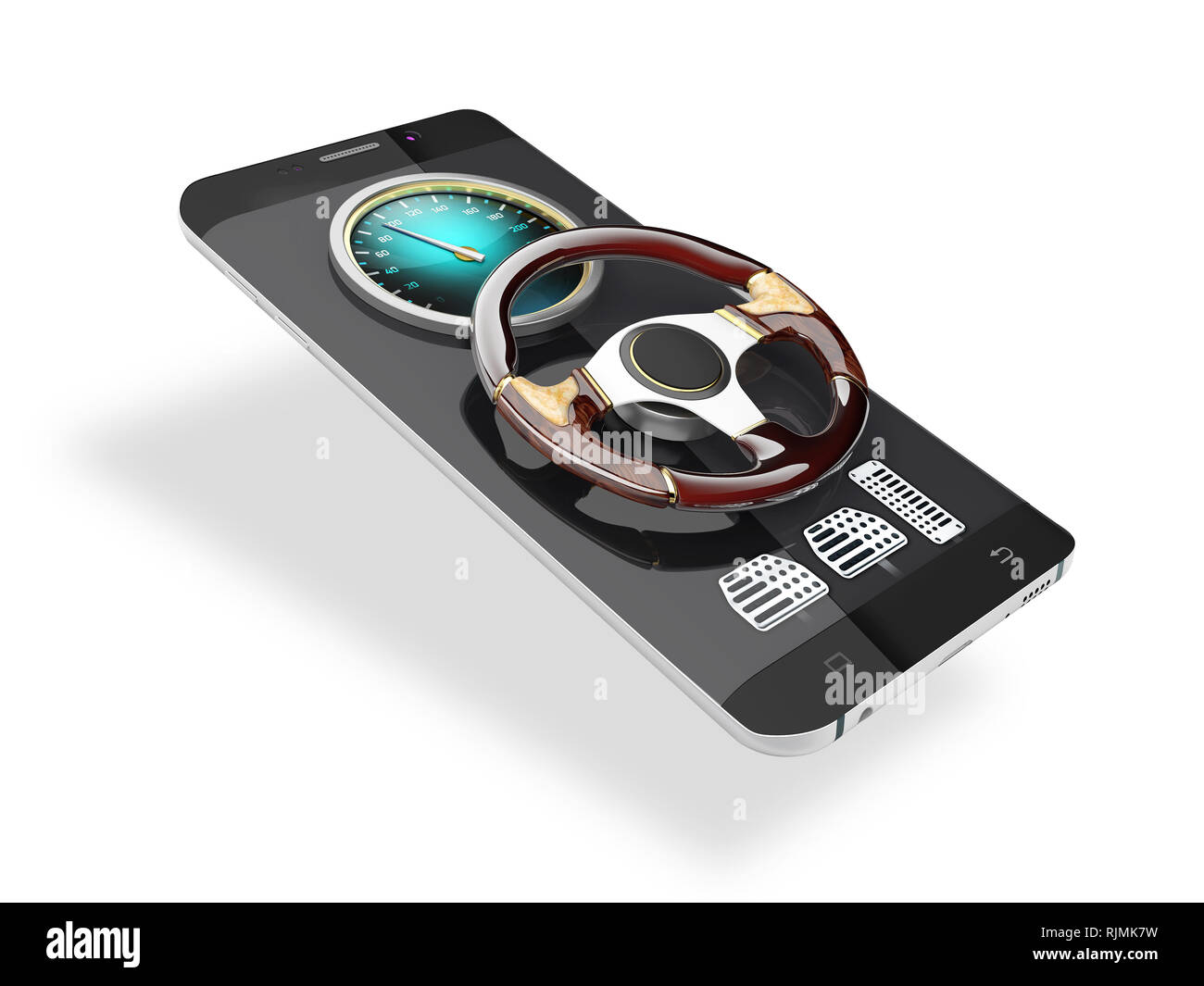 Car steering wheel character with smart phone isolated on white ...