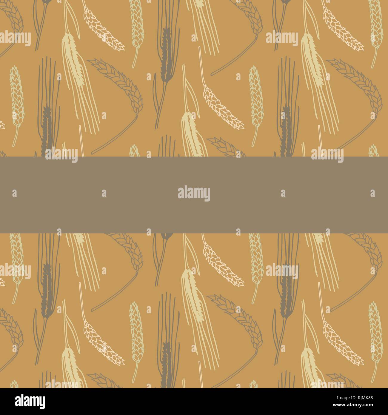 Hand drawn spring wheat vector pattern card template in brown and ...