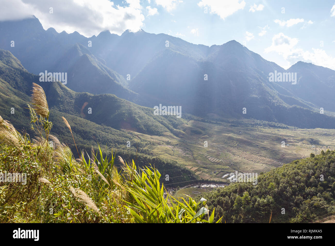rice terraces on the mountainside in the rays of sunlight. Sun beams ...