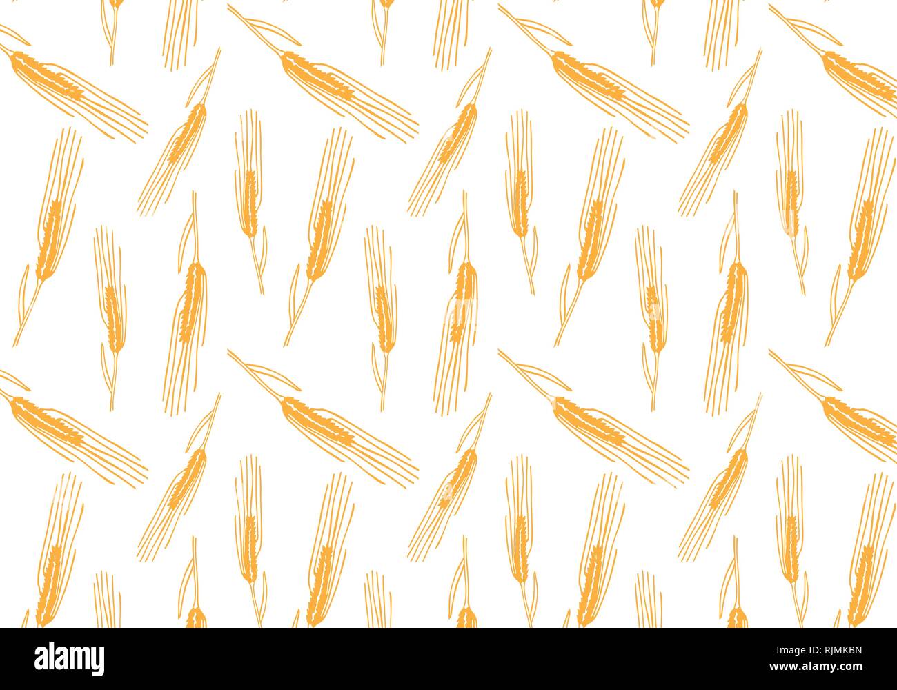 Vector pattern illustration hand drawn spring wheat in orange color ...