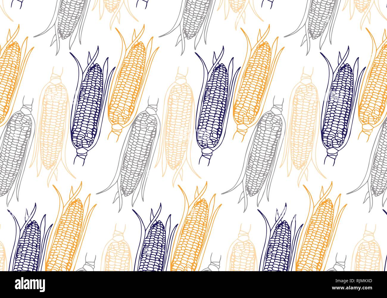 Vector hand drawn Corn cobs pattern in yellow, blue, orange and gray ...