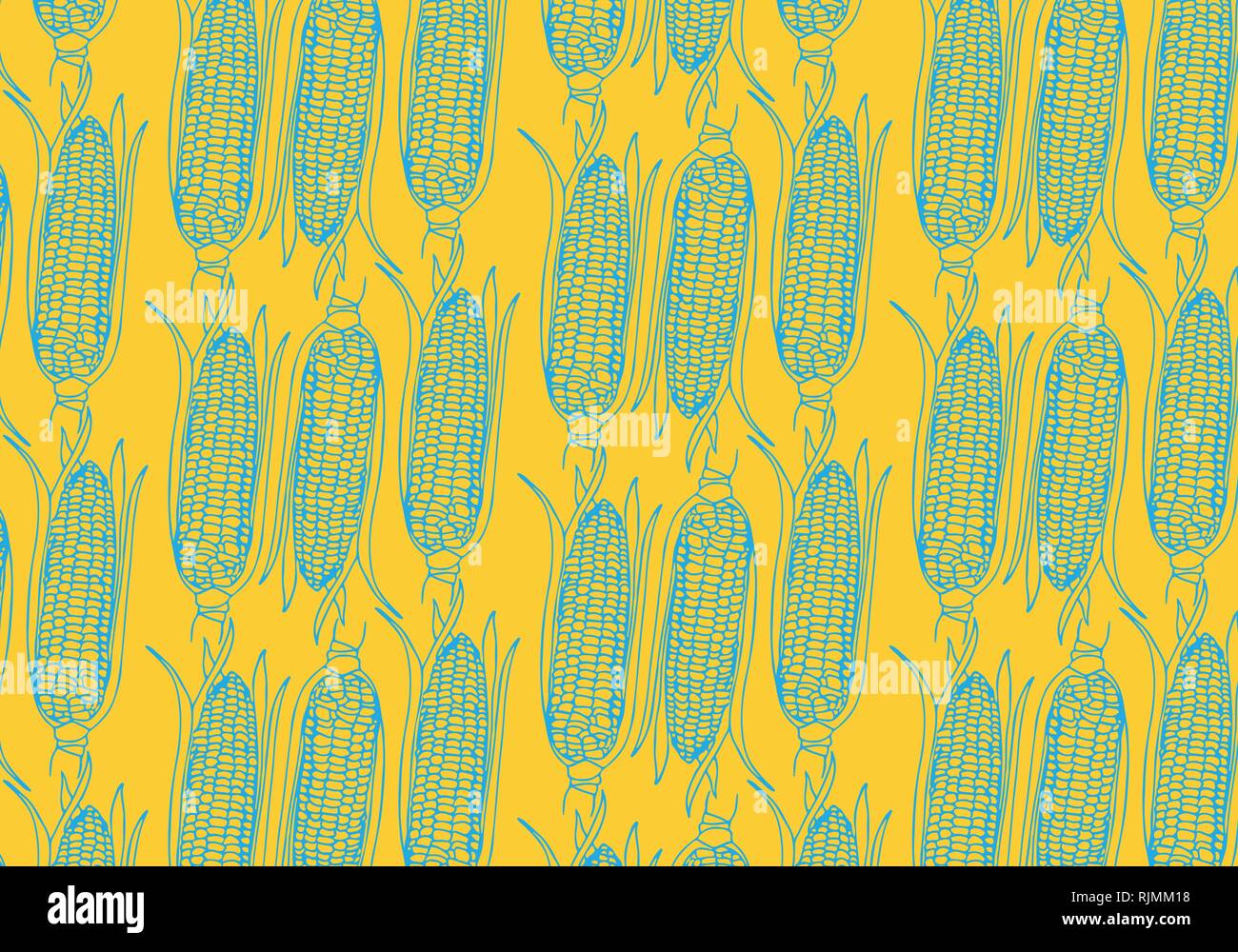 Vector hand drawn Corn cobs pattern in turquoise blue color on yellow ...