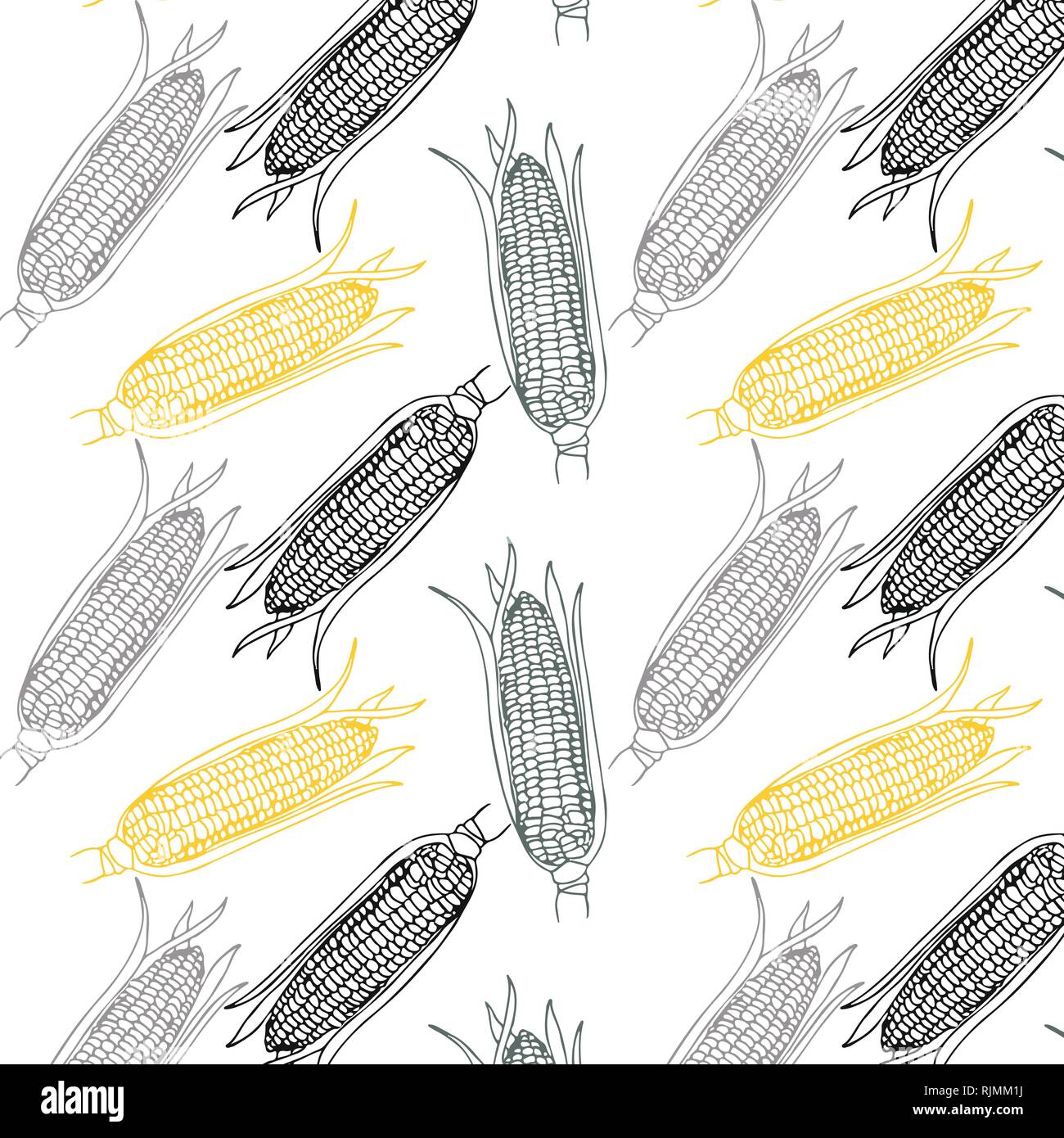 Vector hand drawn Corn cobs pattern in yellow, black and gray colors ...