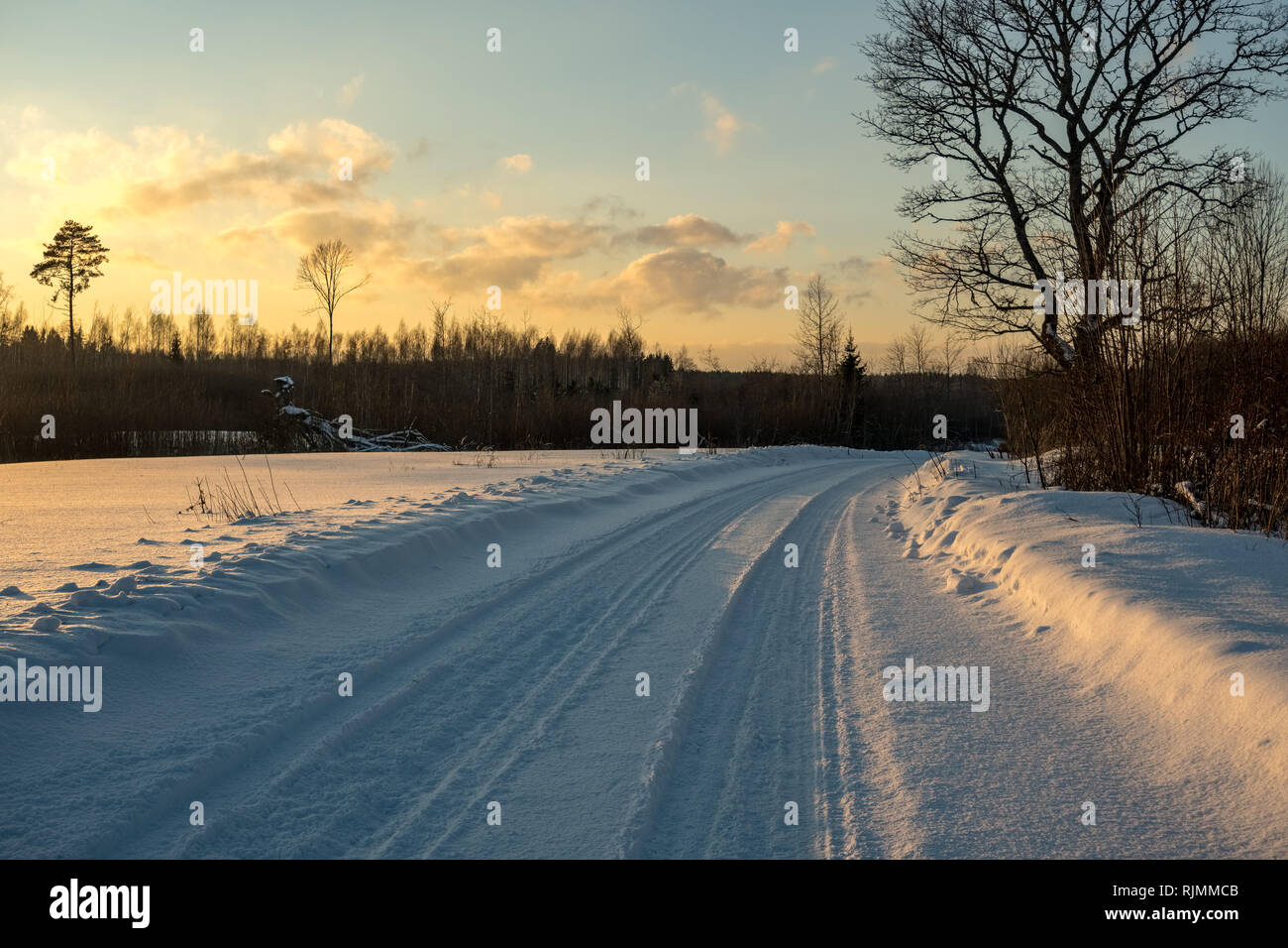deep snow covered road in winter with tire tracks Stock Photo - Alamy