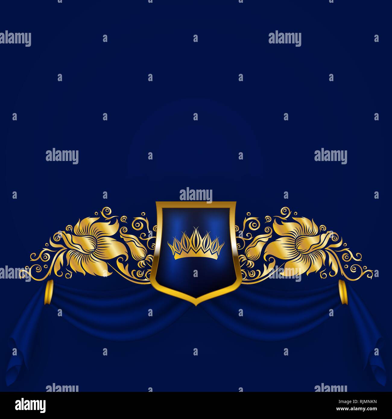 Royal background with ornament, shield, gold crown, ribbon, blazon ...