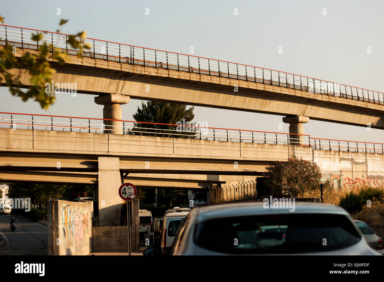 Metro bridge and traffic jam. With no train on the metro bridge in the ...