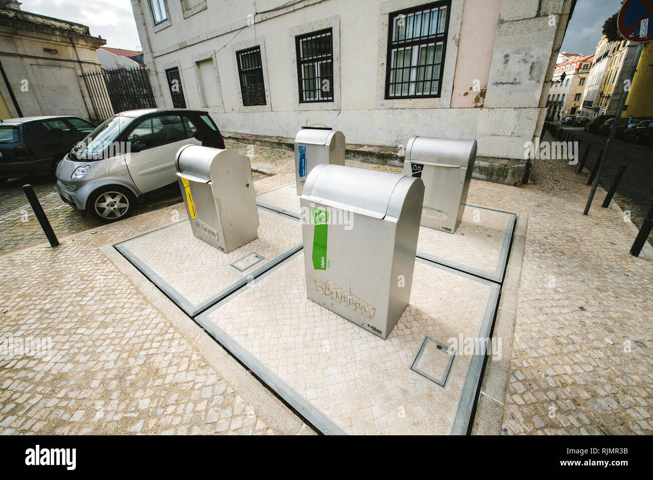 LISBON, PORTUGAL - FEB 10, 2018: View of separate waste containers with ...