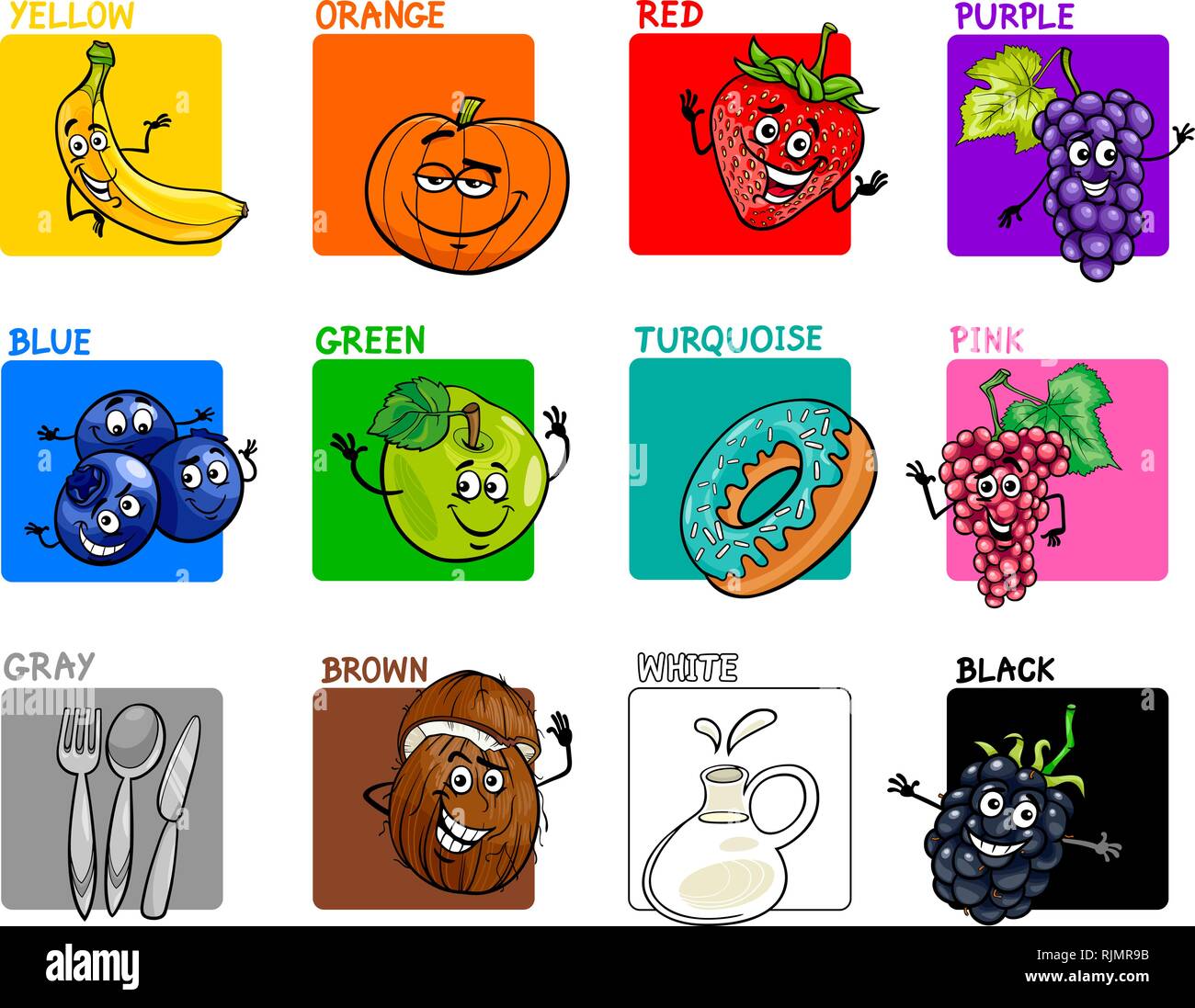 Cartoon Illustration of Basic Colors with Funny Fruits and Food Object ...