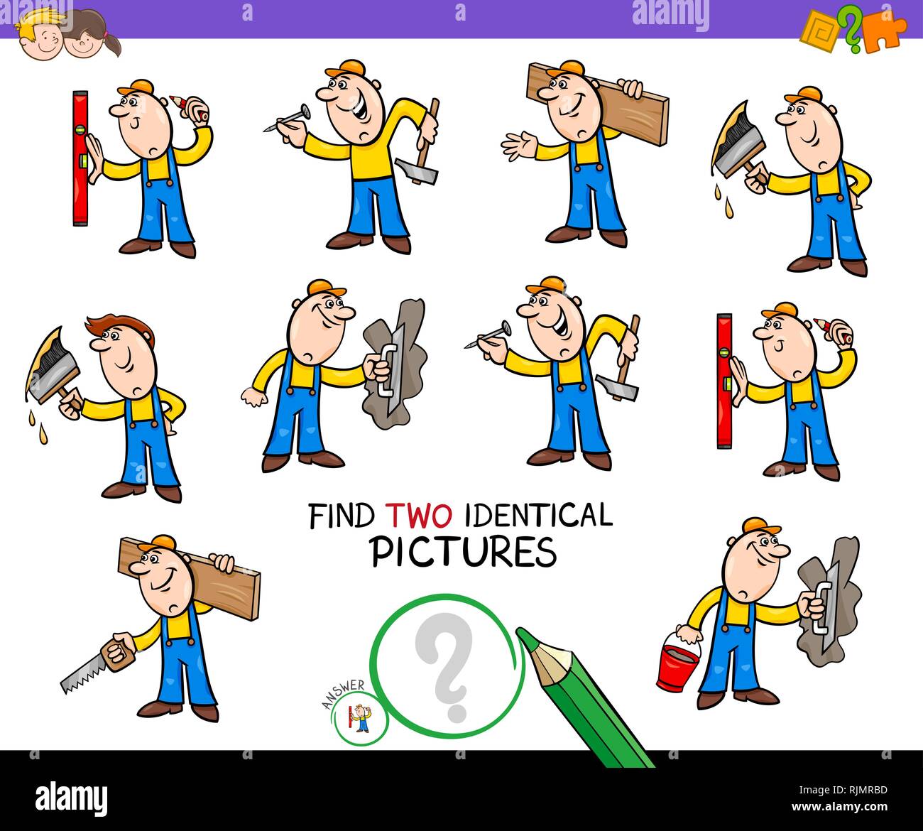Cartoon Illustration of Finding Two Identical Pictures Educational Game ...