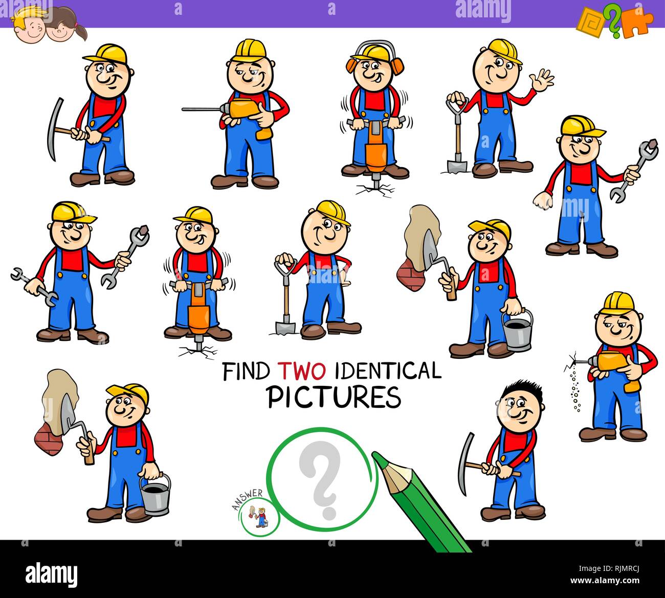 Cartoon Illustration of Finding Two Identical Pictures Educational Game ...