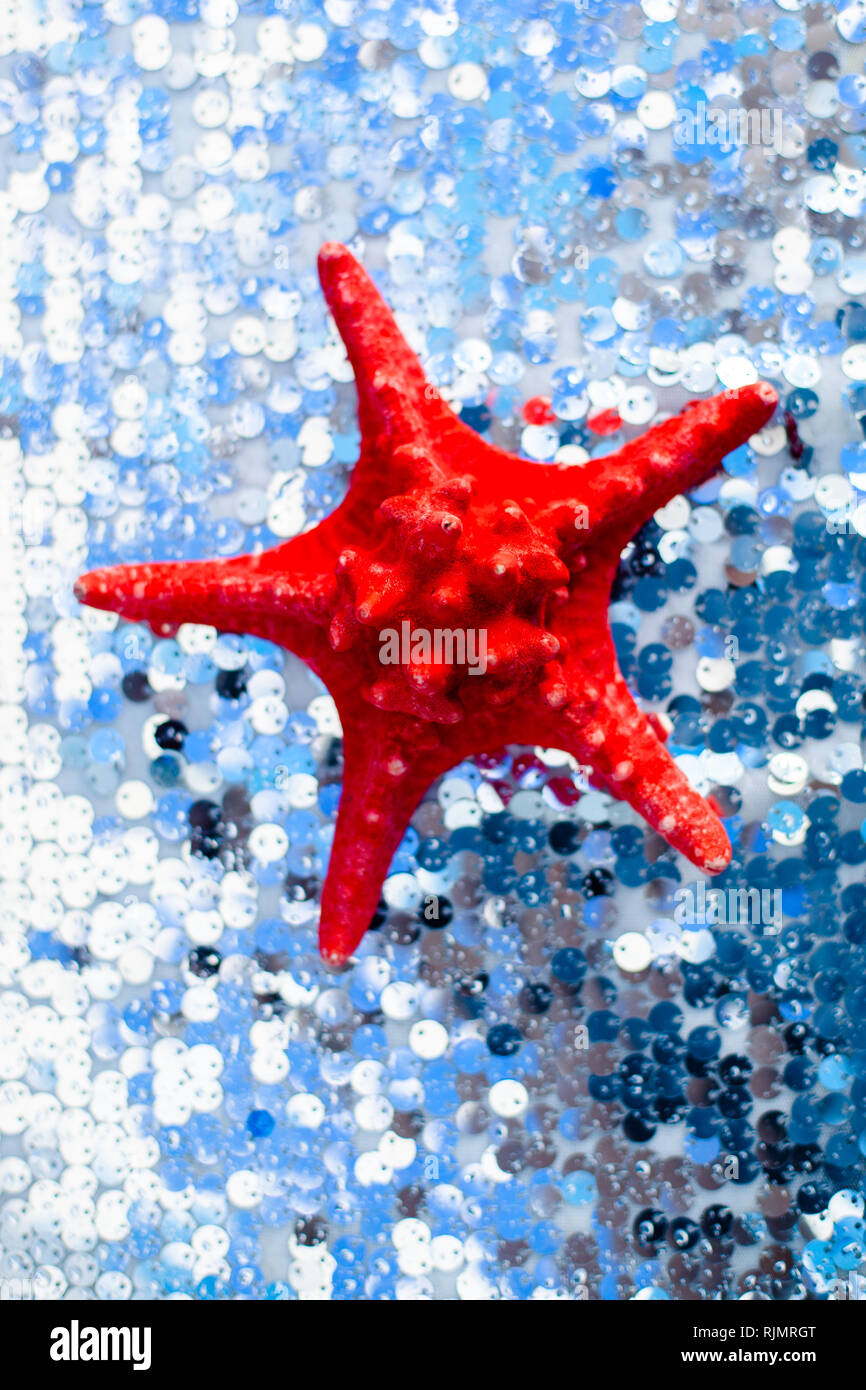 Dried red sea starfish on cian silver cloth background Stock Photo - Alamy