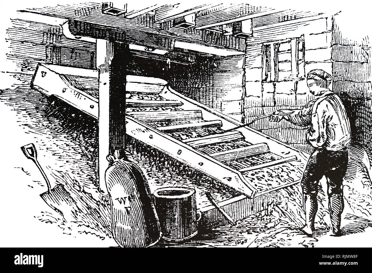 English An engraving, showing the Turning of barley into malt: removing ...