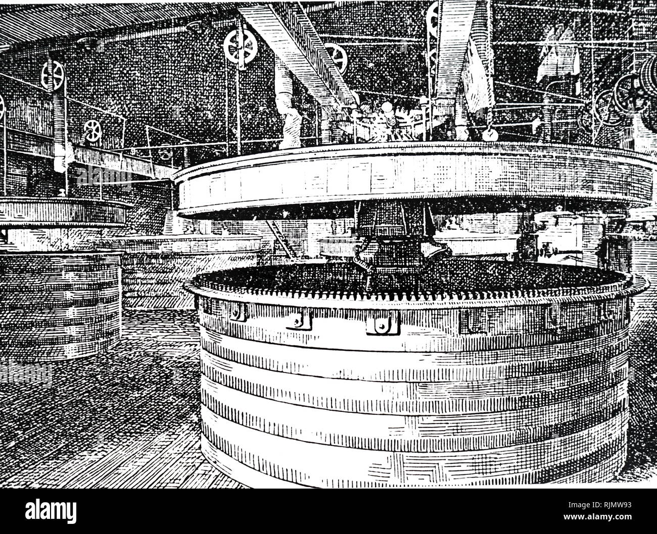 An engraving of BREWING: mash tuns, in which barley and water were ...