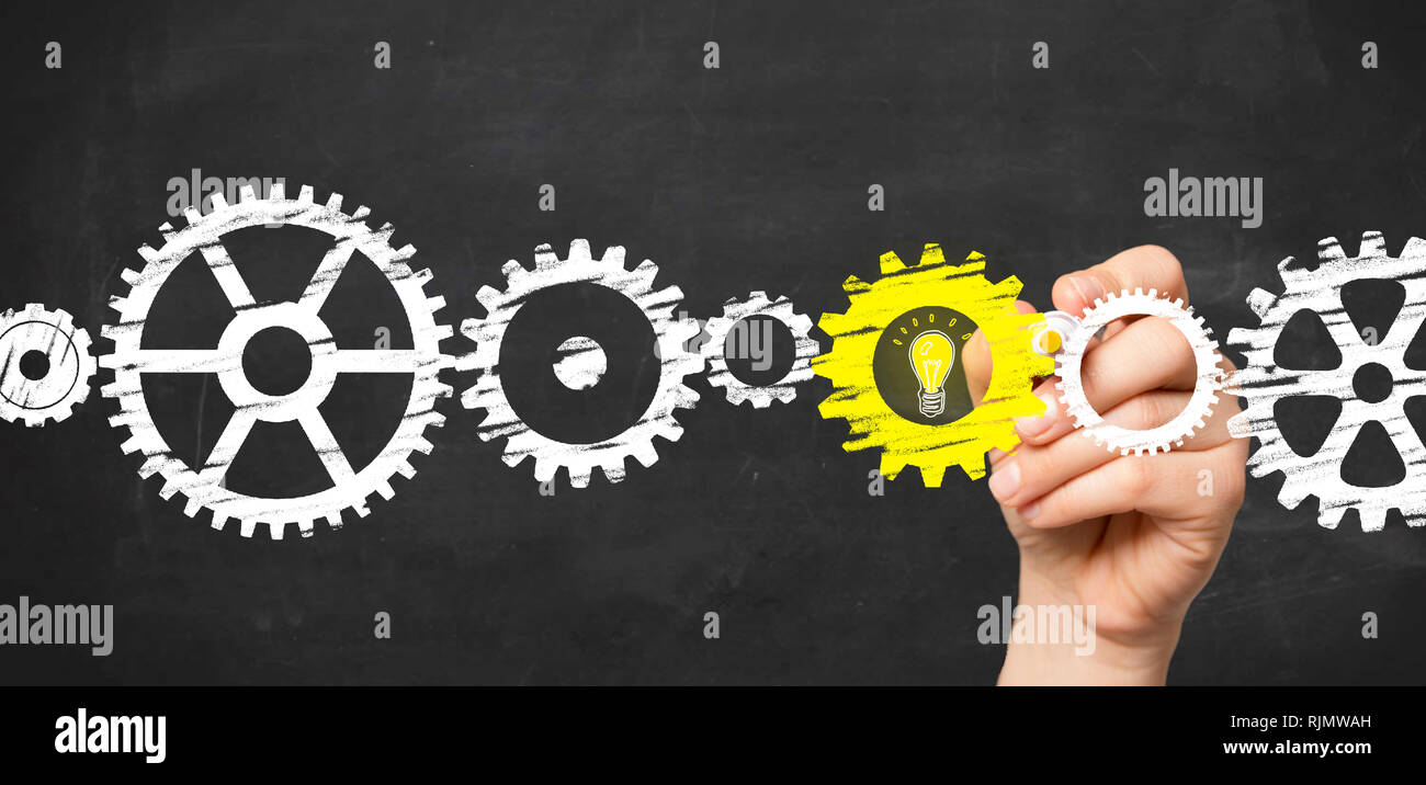 hand painting yellow gears for white gears to rotate Stock Photo - Alamy