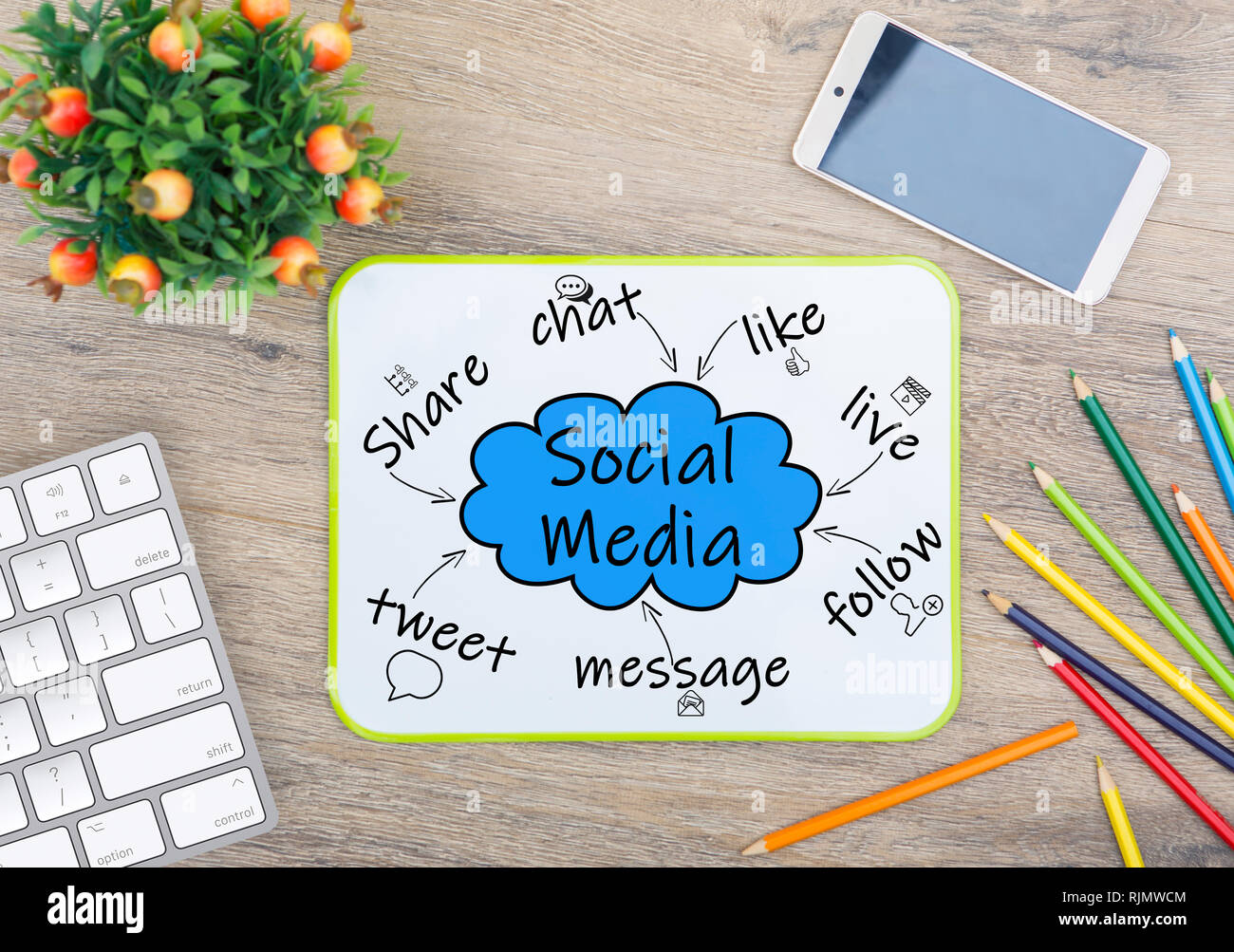 social media writing on table with smartphone and keyboard Stock Photo ...