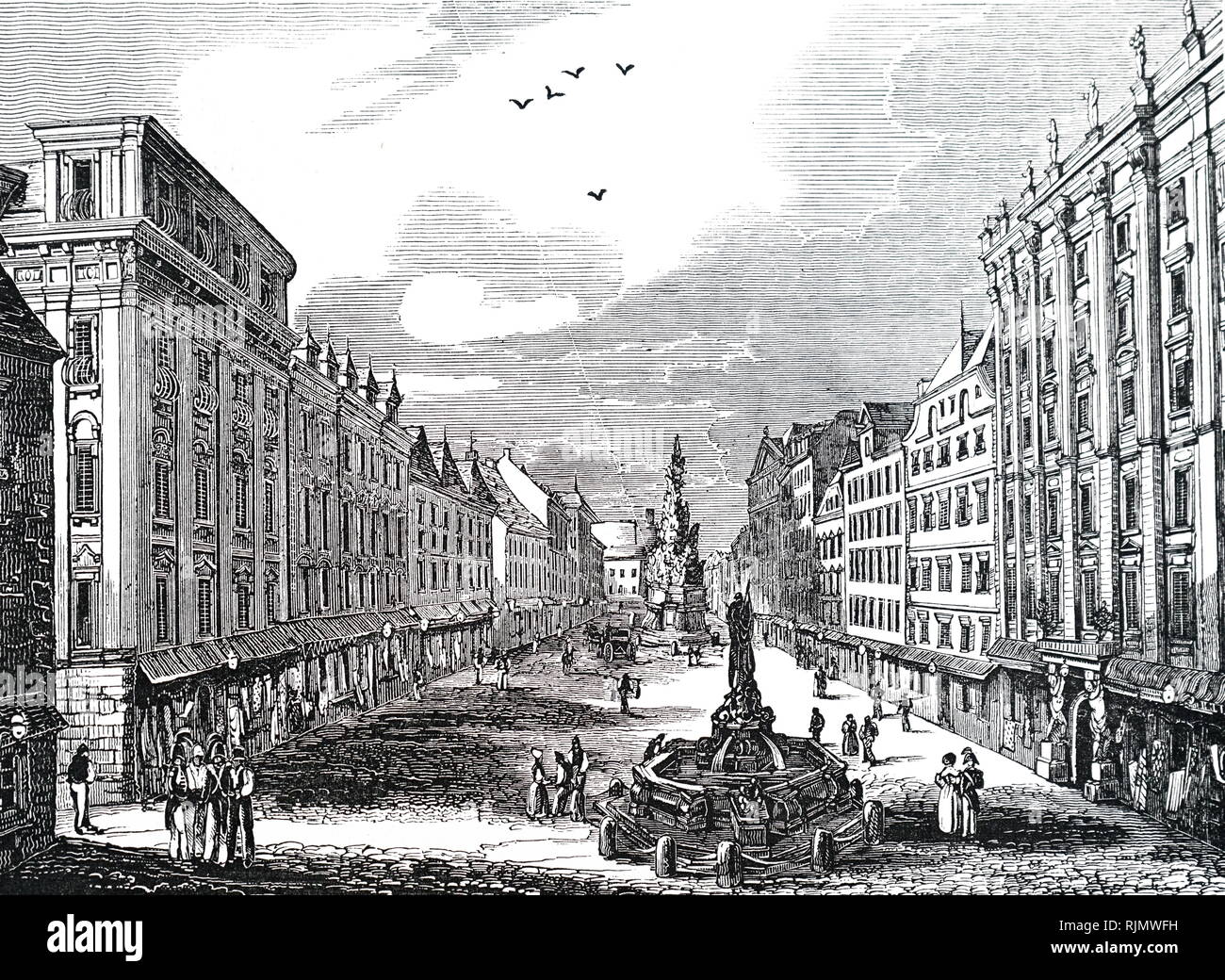 An engraving depicting the Graben, one of the most famous streets in ...