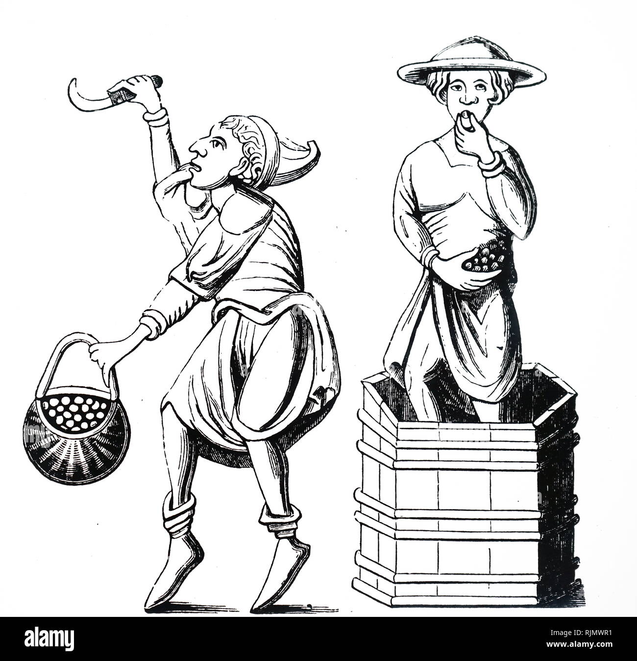 Engraving depicting medieval wine treading; 13th century Stock Photo ...