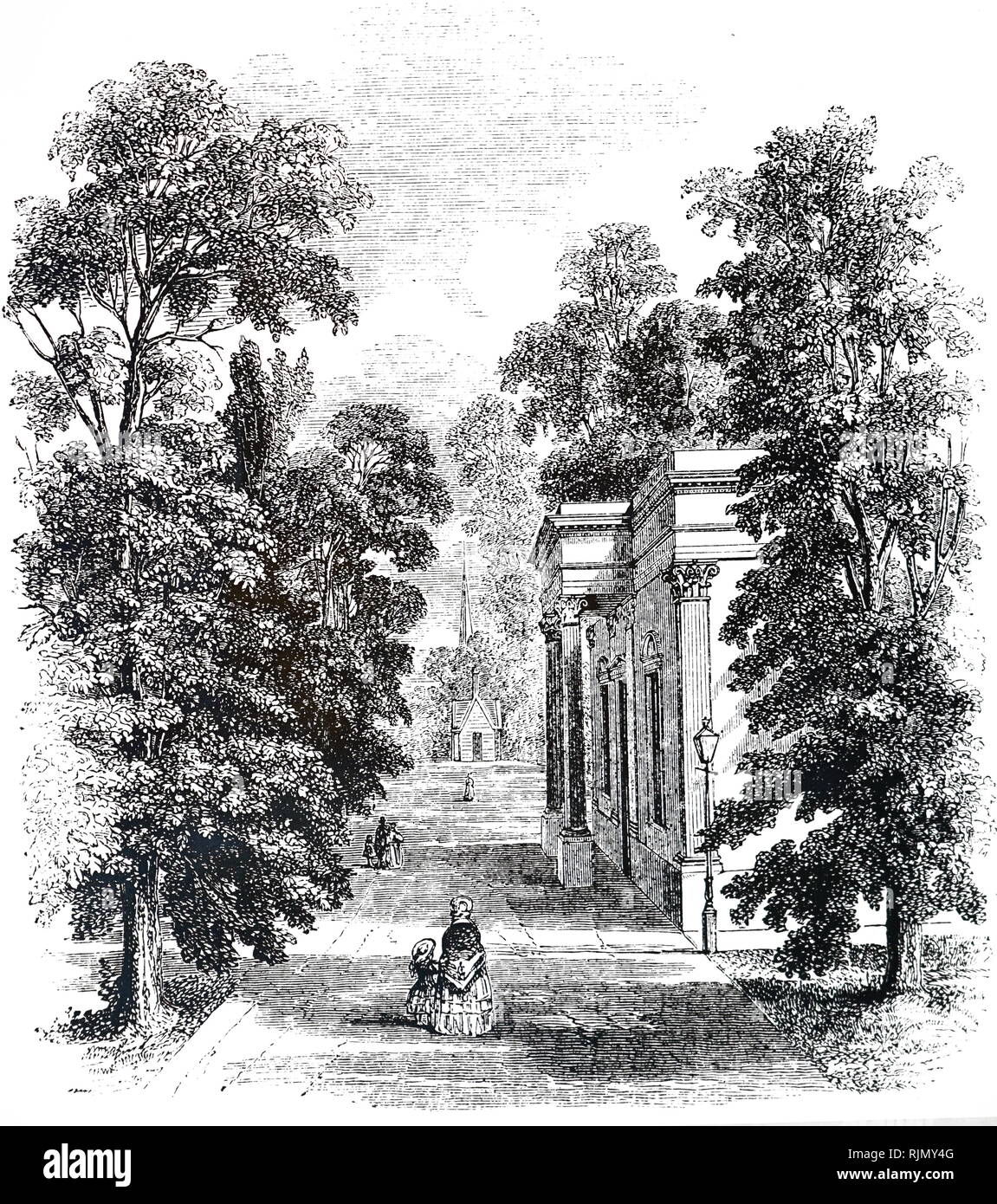 An engraving depicting Royal Old Well Walk, Cheltenham, England. This ...