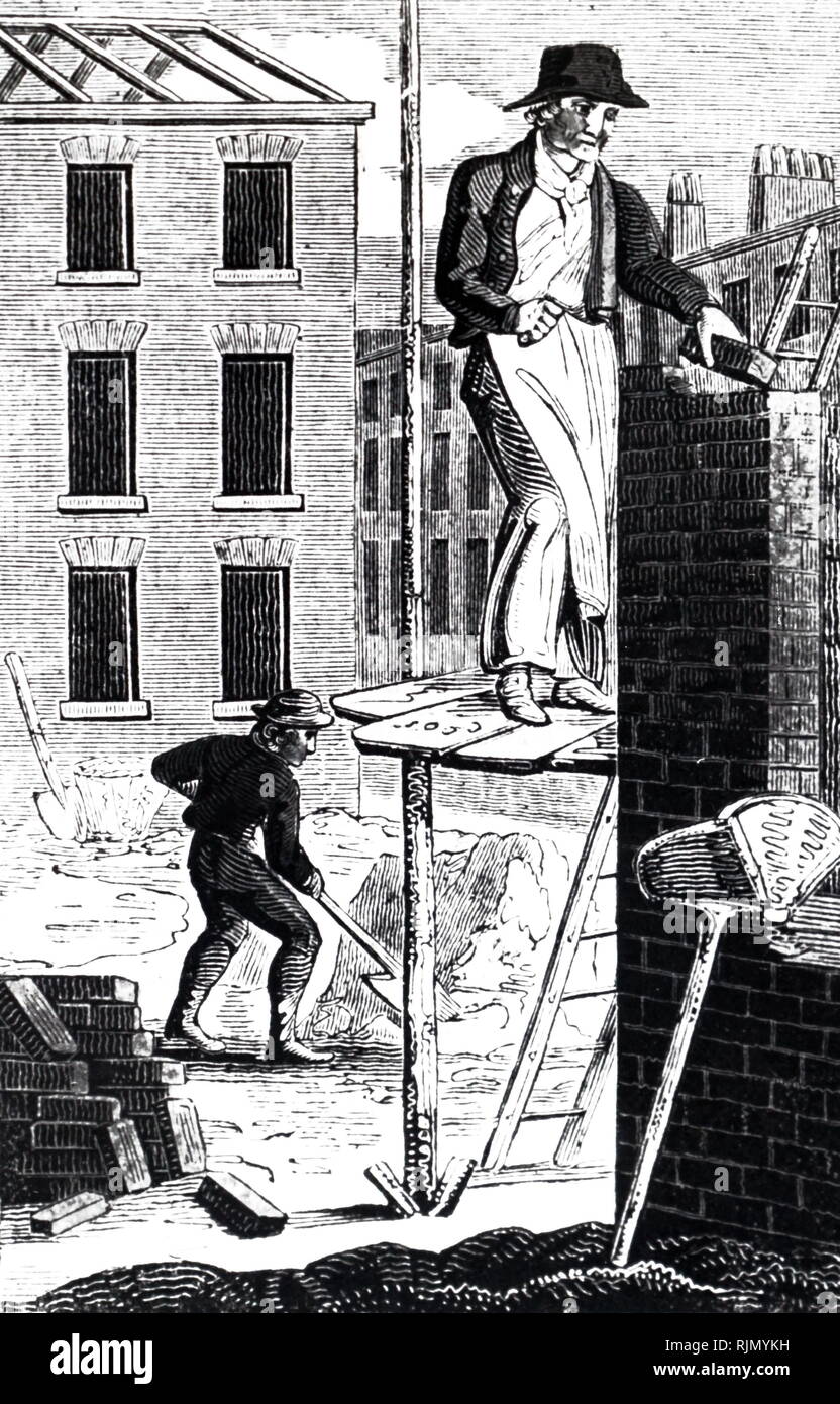 An engraving depicting a bricklayer. Dated 19th century Stock Photo - Alamy
