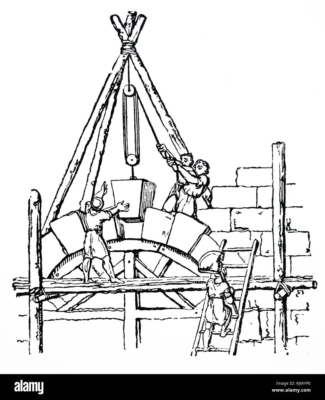 An engraving depicting men centring an arch. Dated 19th century Stock ...