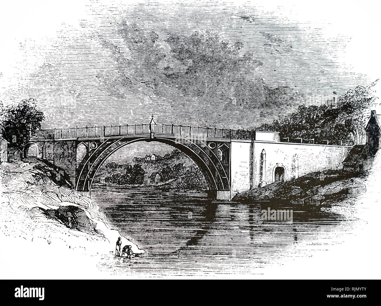 Illustration showing Abraham Darby III's iron bridge, across the Severn ...