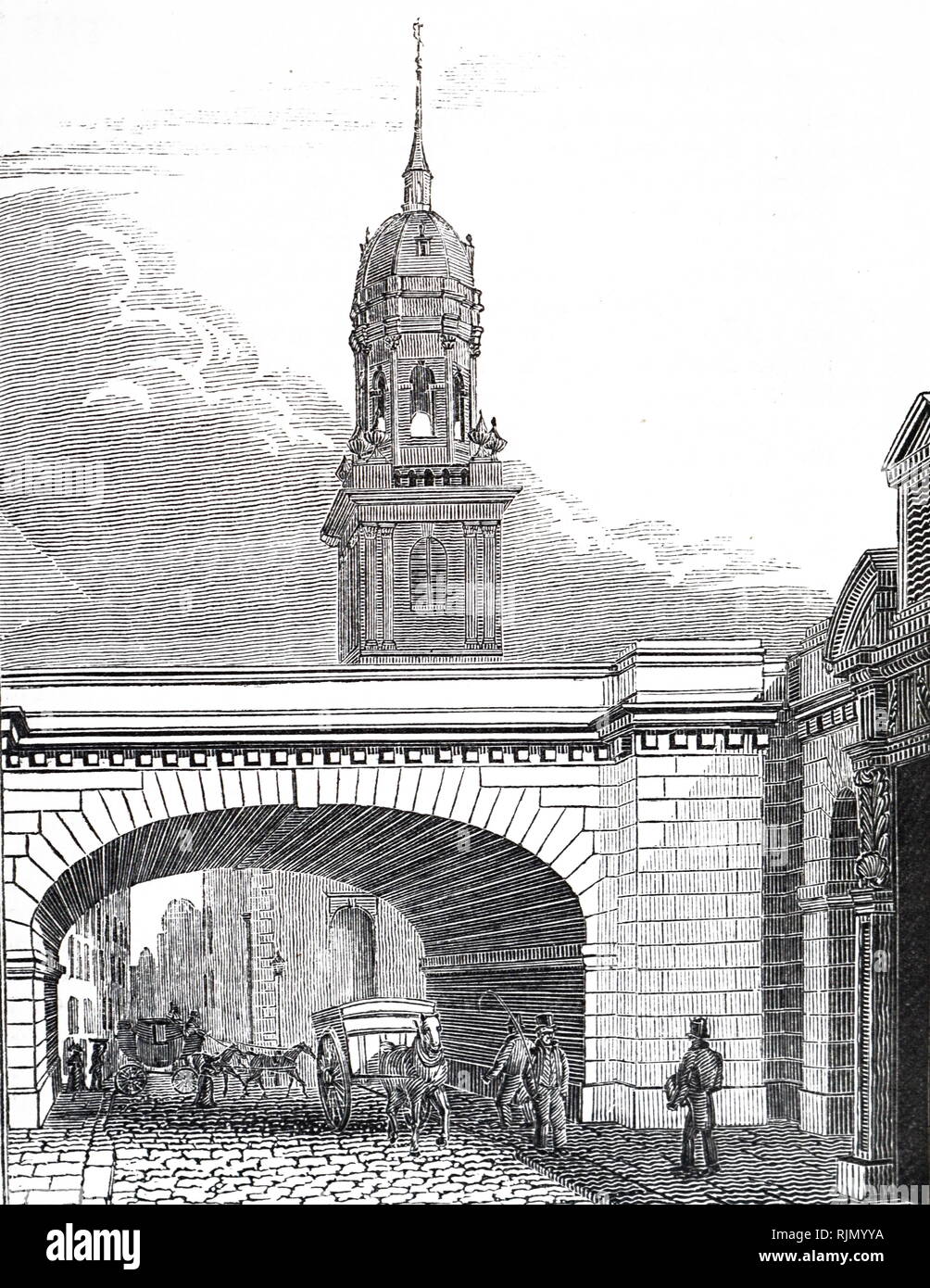 Illustration showing Arch of London Bridge over Thames Street. This was ...