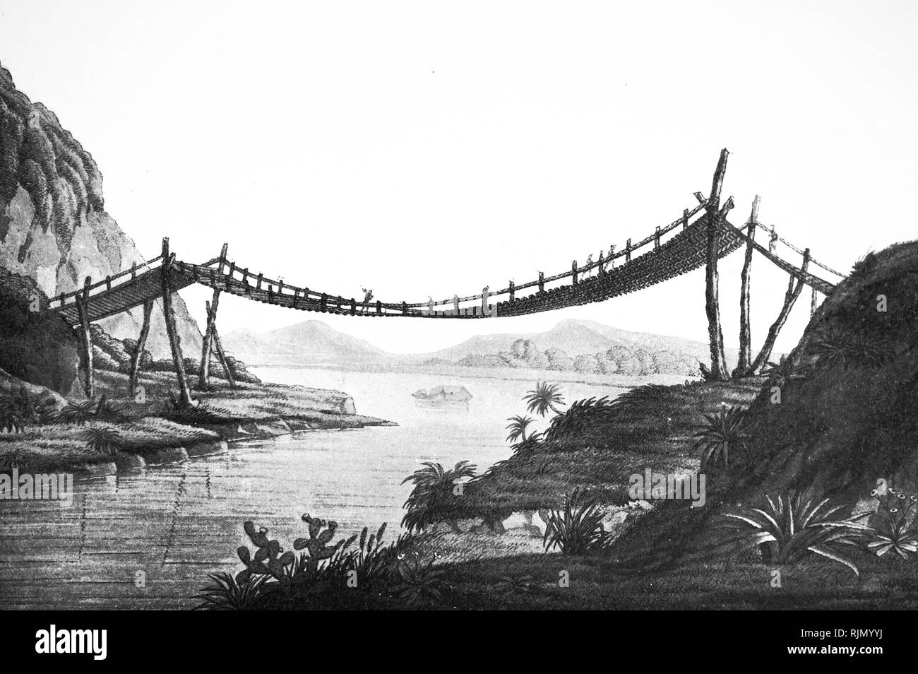 Illustration showing a rope and mat suspension bridge in South America ...