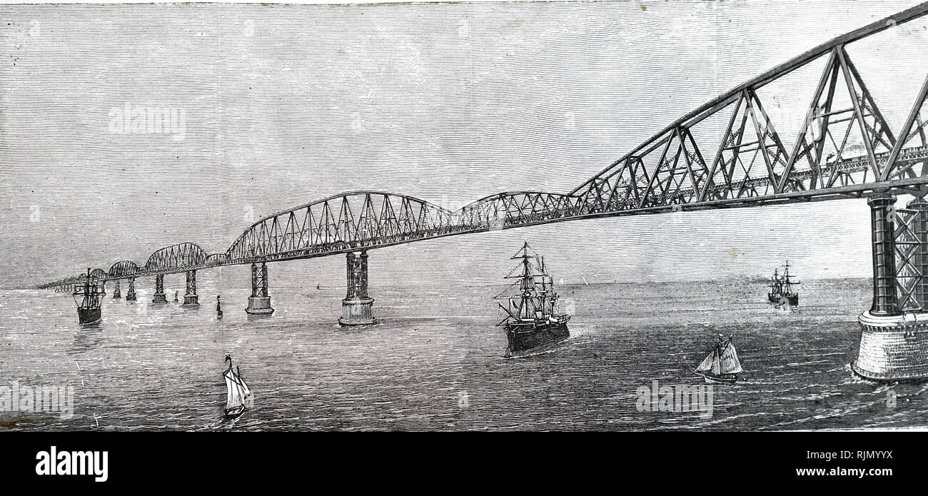 Illustration showing the English Channel bridge, proposed by Schneider ...