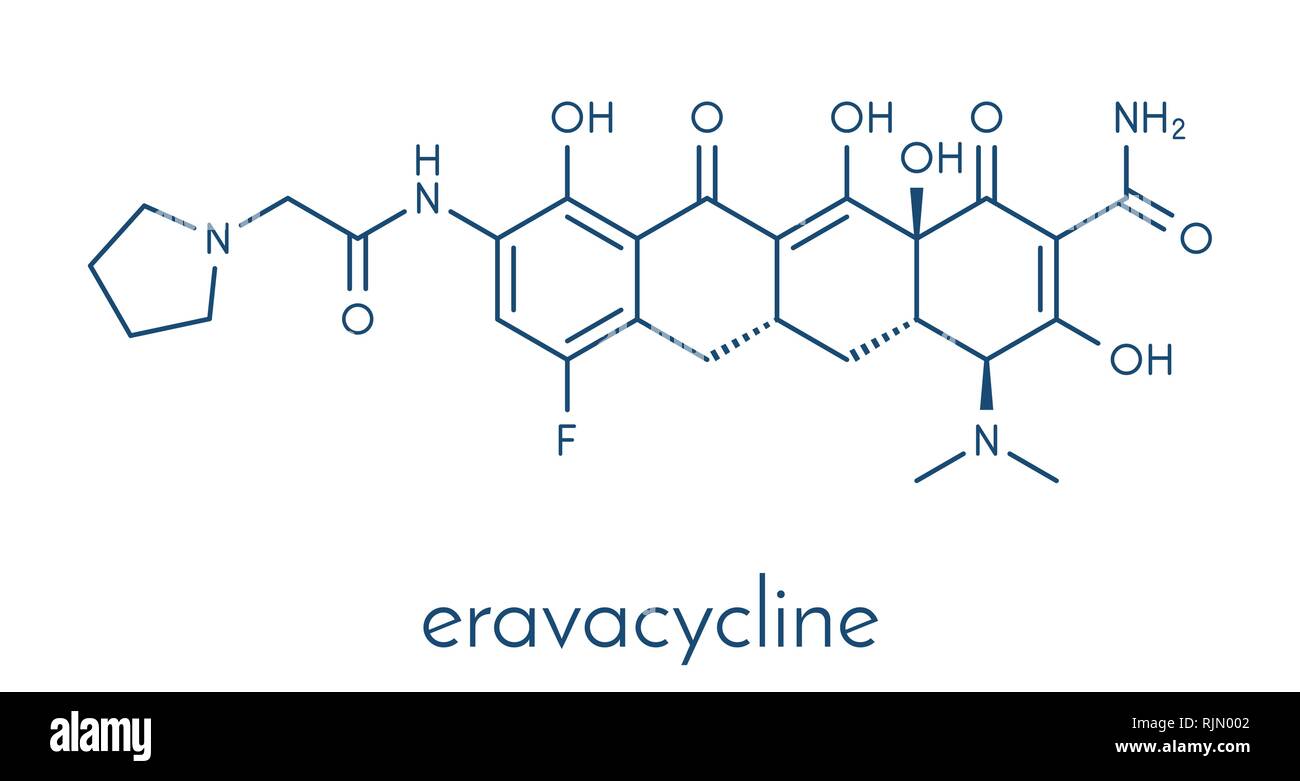Eravacycline antibiotic drug molecule (tetracycline class). Skeletal ...