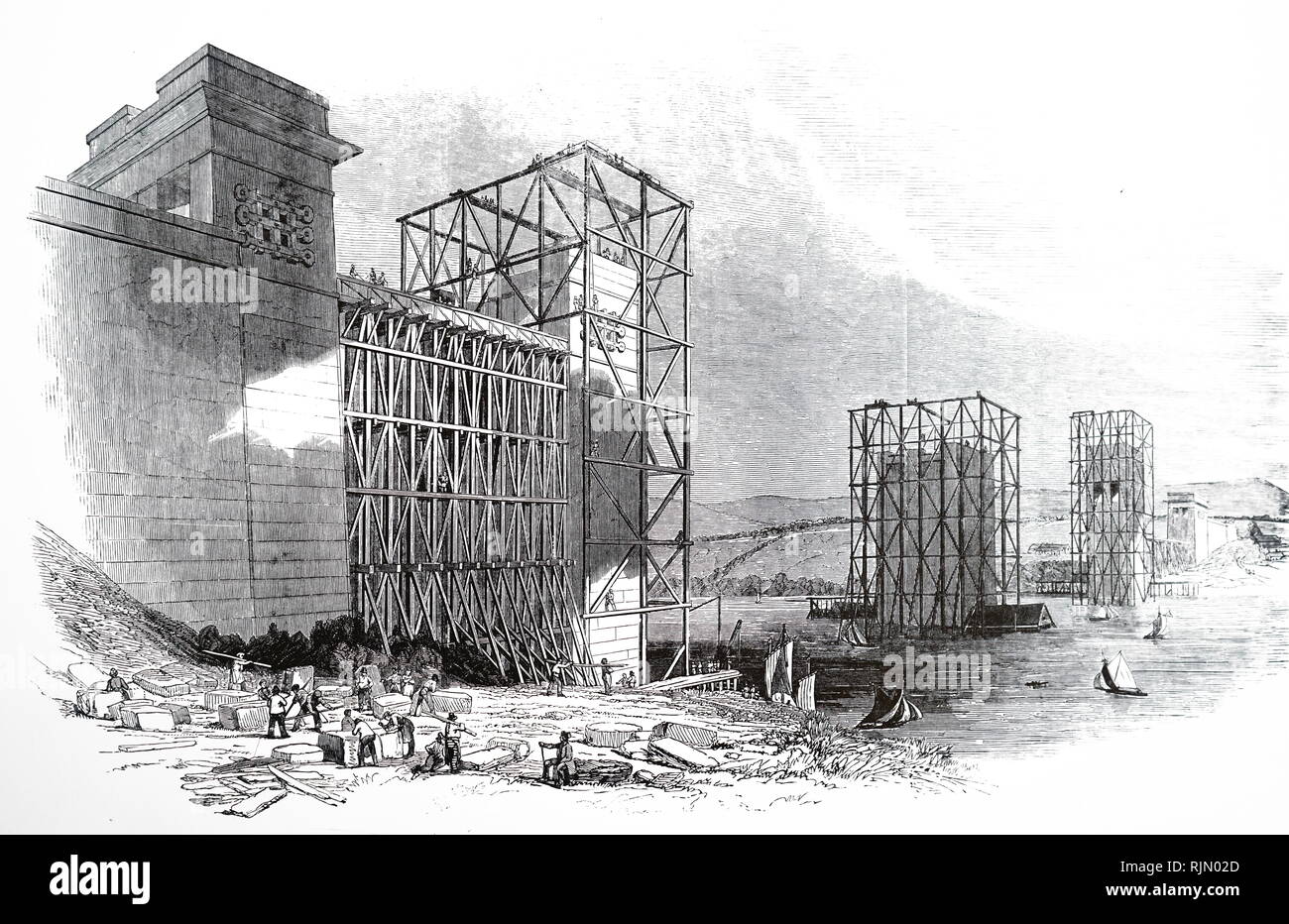 1849 Illustration, showing The Britannia tubular bridge over the Menai ...