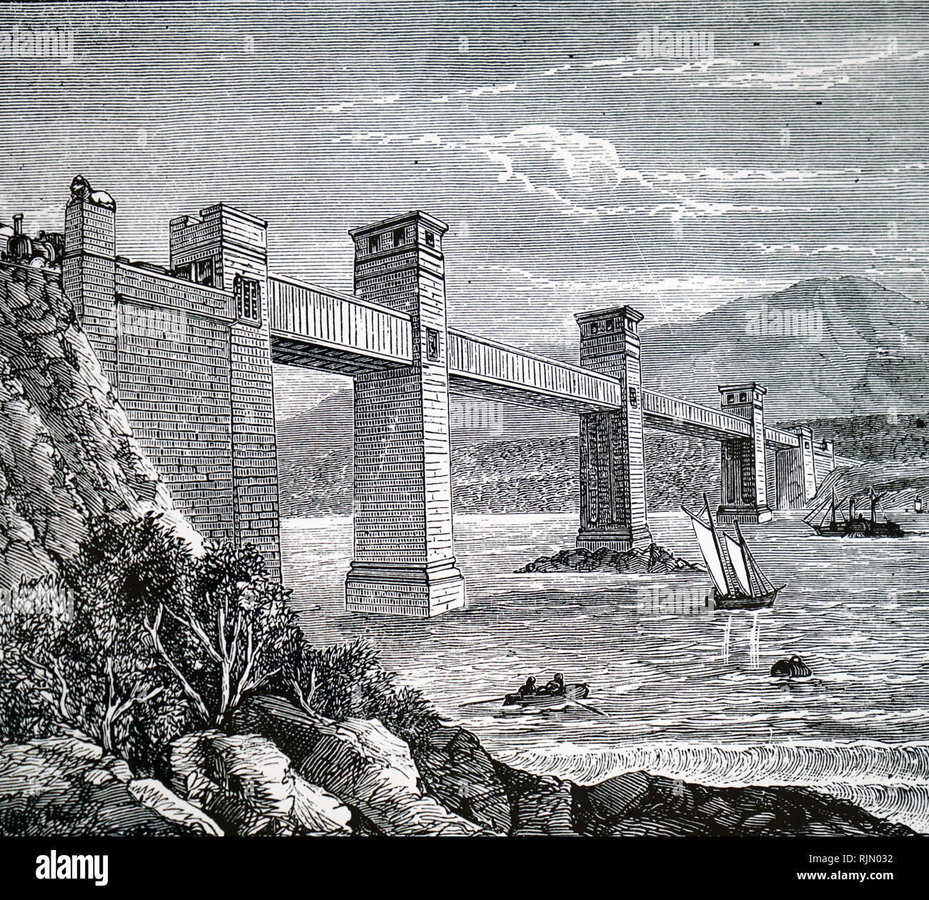 1876 Illustration, showing the Britannia tubular bridge, over the Menai ...